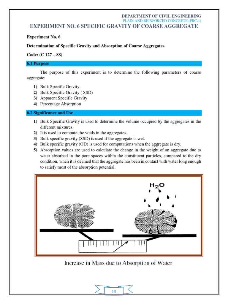 Experiment No. 6 Specific Gravity of Coarse Aggregate: Department of ...
