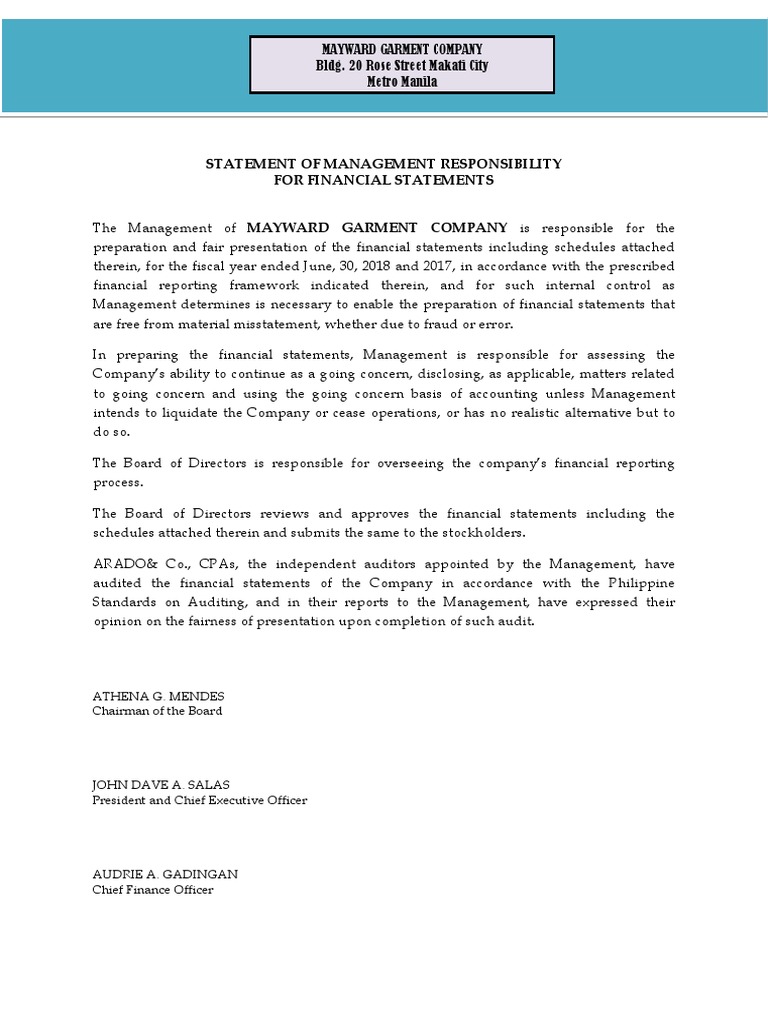 Statement of Management Responsibility For Financial Statements | PDF ...