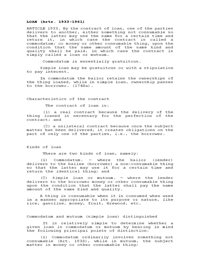 Understanding Loan Contracts: Commodatum vs. Mutuum | PDF | Guarantee ...