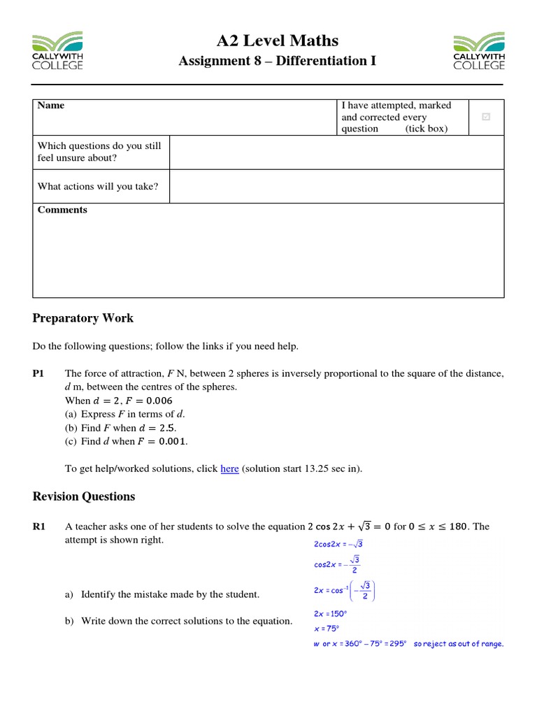 A2 Level Maths Differentiation Assignment | PDF | Derivative | Force