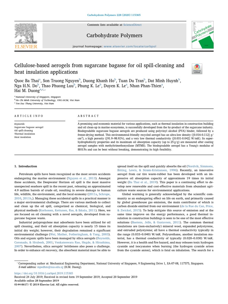 Cellulose-Based Aerogels From Sugarcane Bagasse For Oil Spill-Cleaning ...