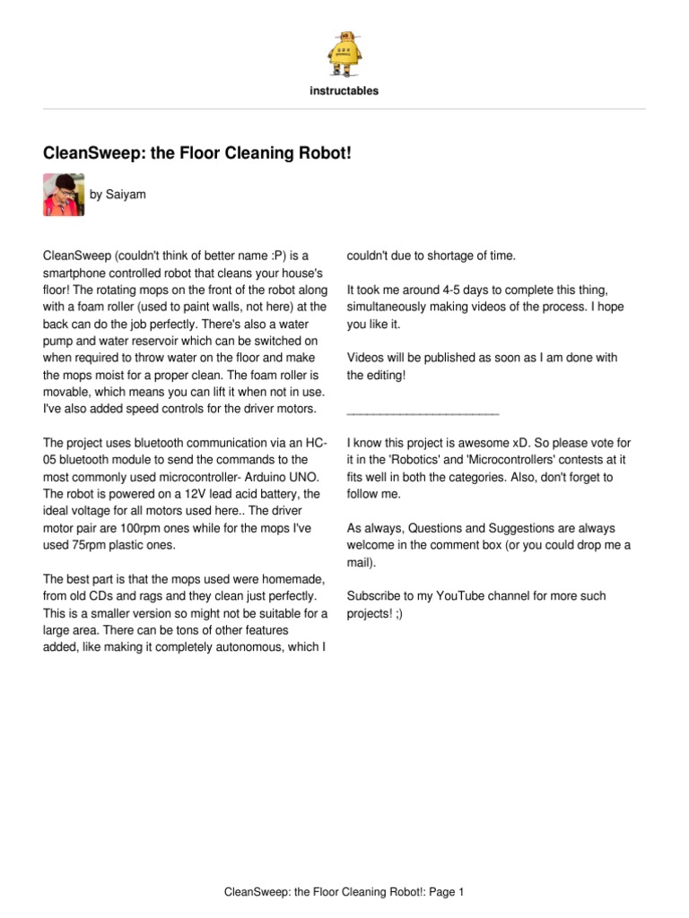 CleanSweep The Floor Cleaning Robot | PDF | Arduino | Electronics