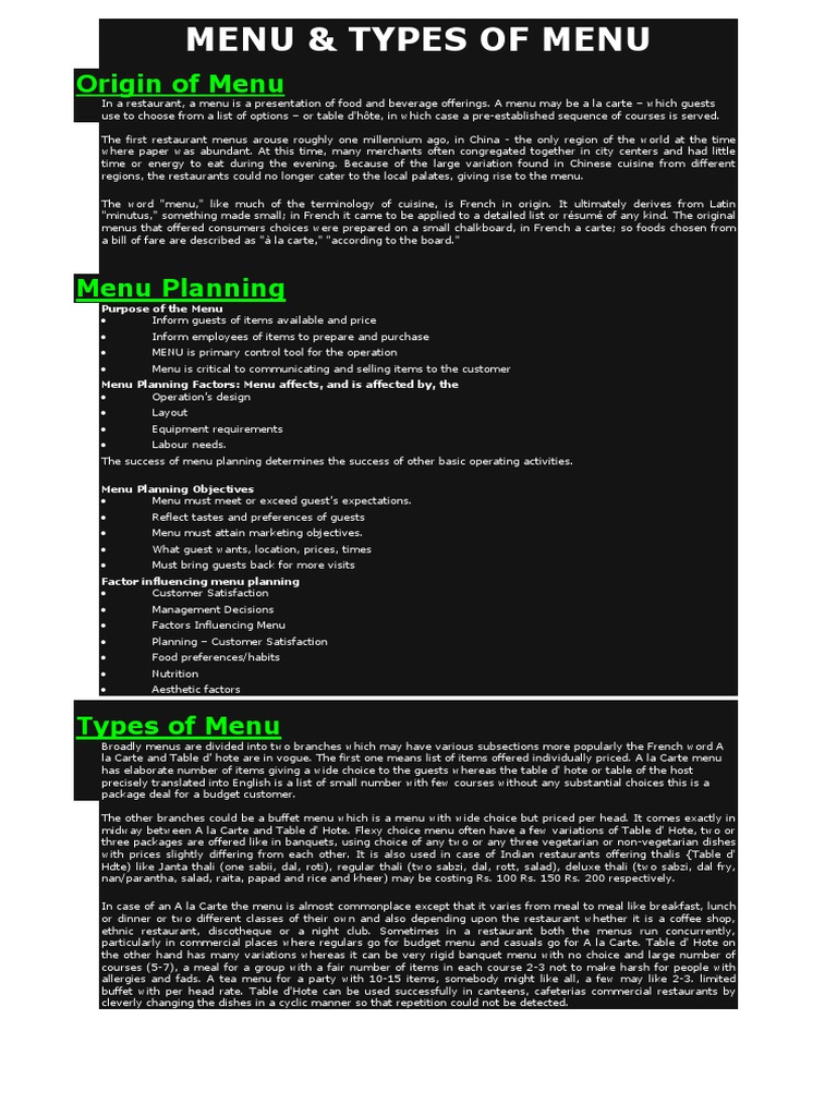 Types of Menu | PDF | Menu | Food And Drink