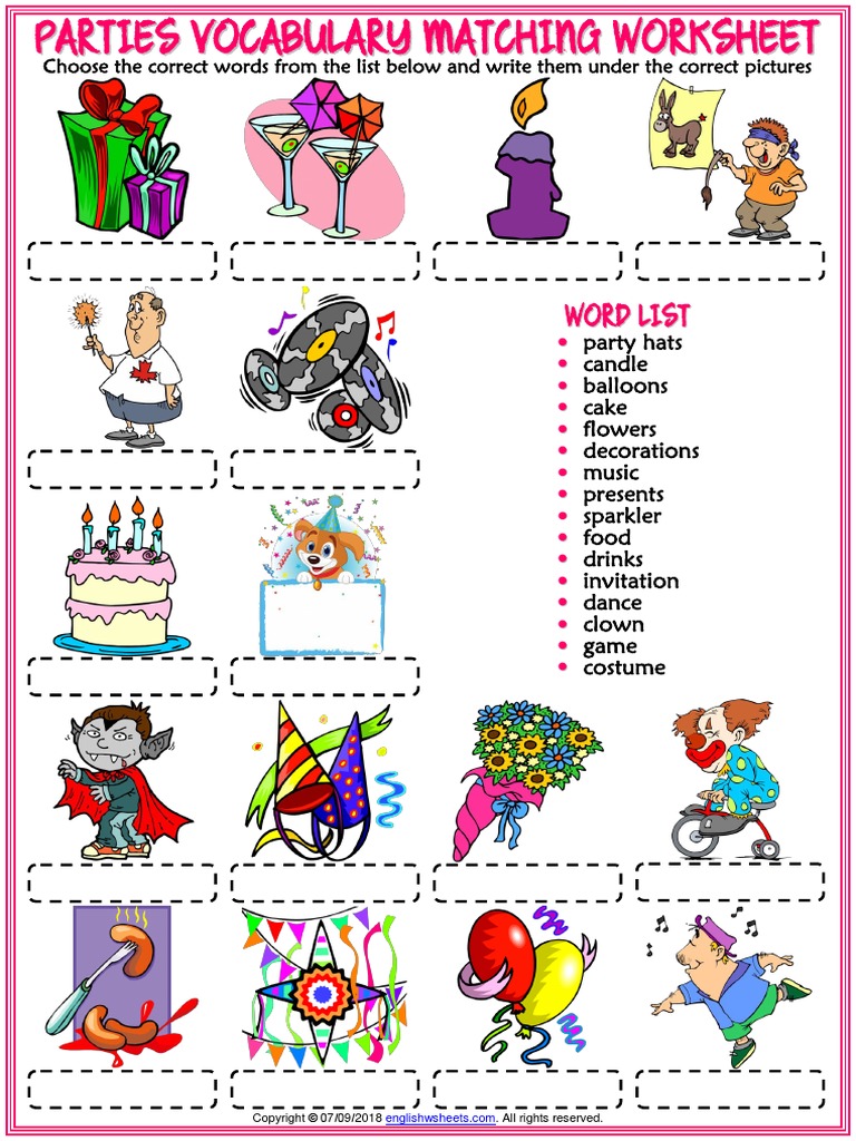 Parties Vocabulary Esl Matching Exercise Worksheet For Kids | PDF