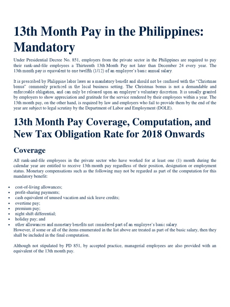 13th Month Pay in The Philippines: Mandatory | PDF | United States ...