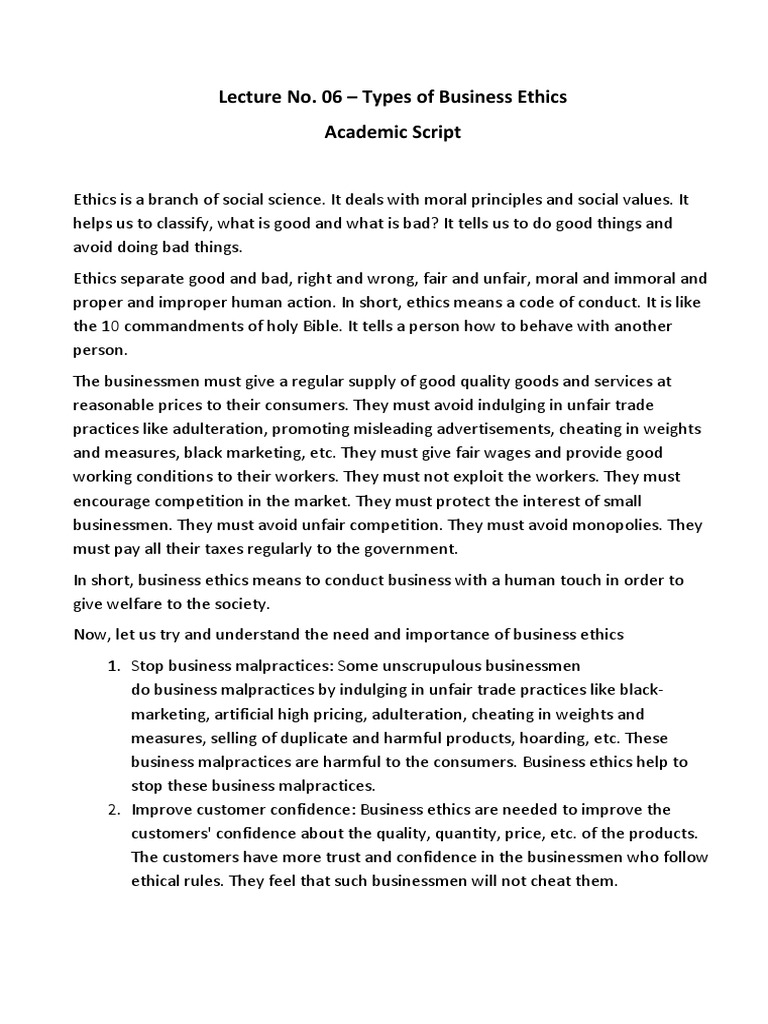 Lecture No. 06 - Types of Business Ethics Academic Script | PDF | Business Ethics | Morality