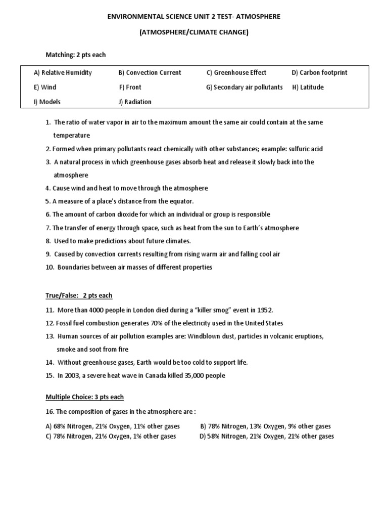 Environmental Science Unit 2 Test | PDF | Atmosphere Of Earth ...