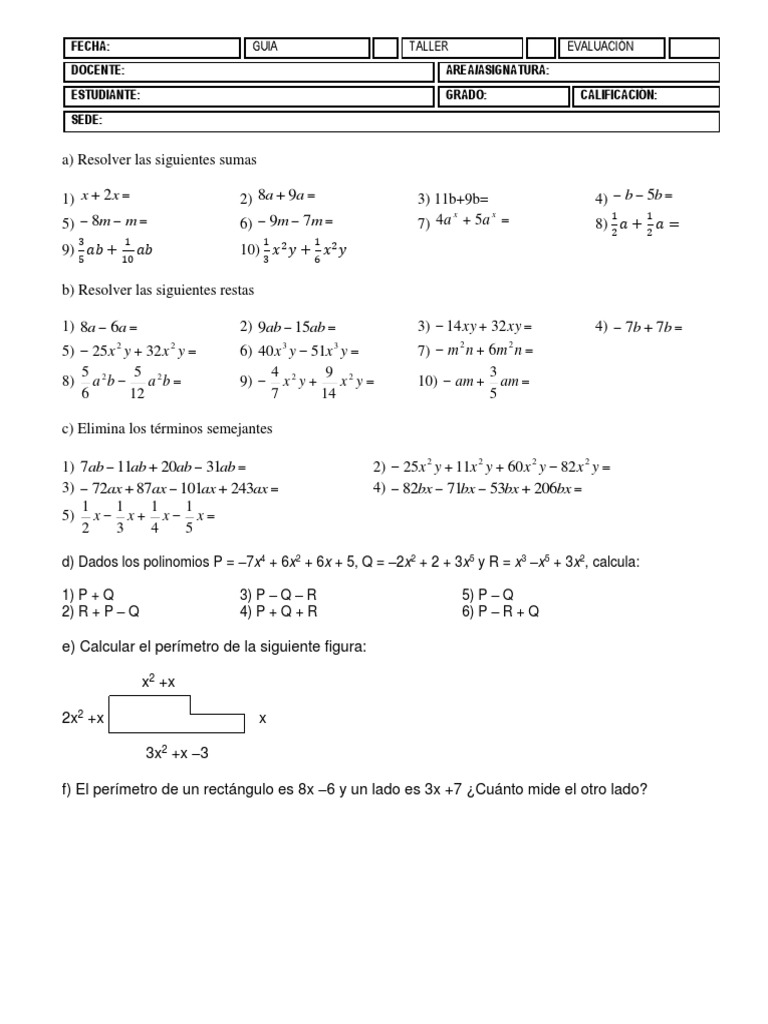 Taller de Algebra Suma y Resta de Polinomios | PDF | Enseñanza de ...