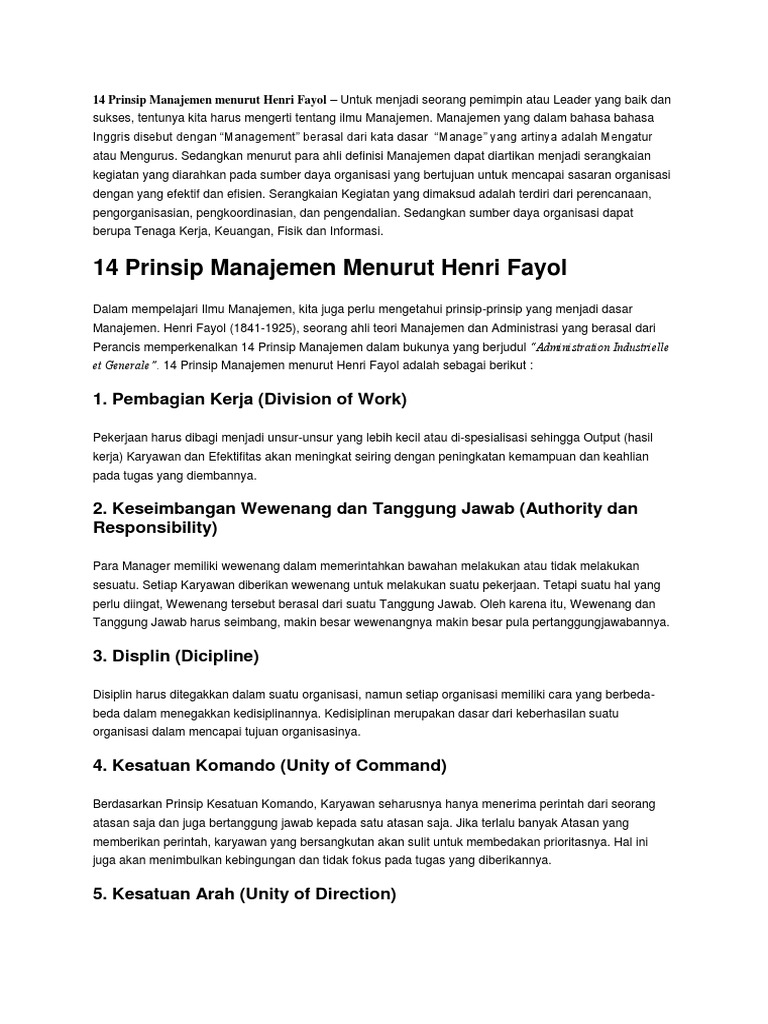 14 Prinsip Manajemen Menurut Henri Fayol | PDF