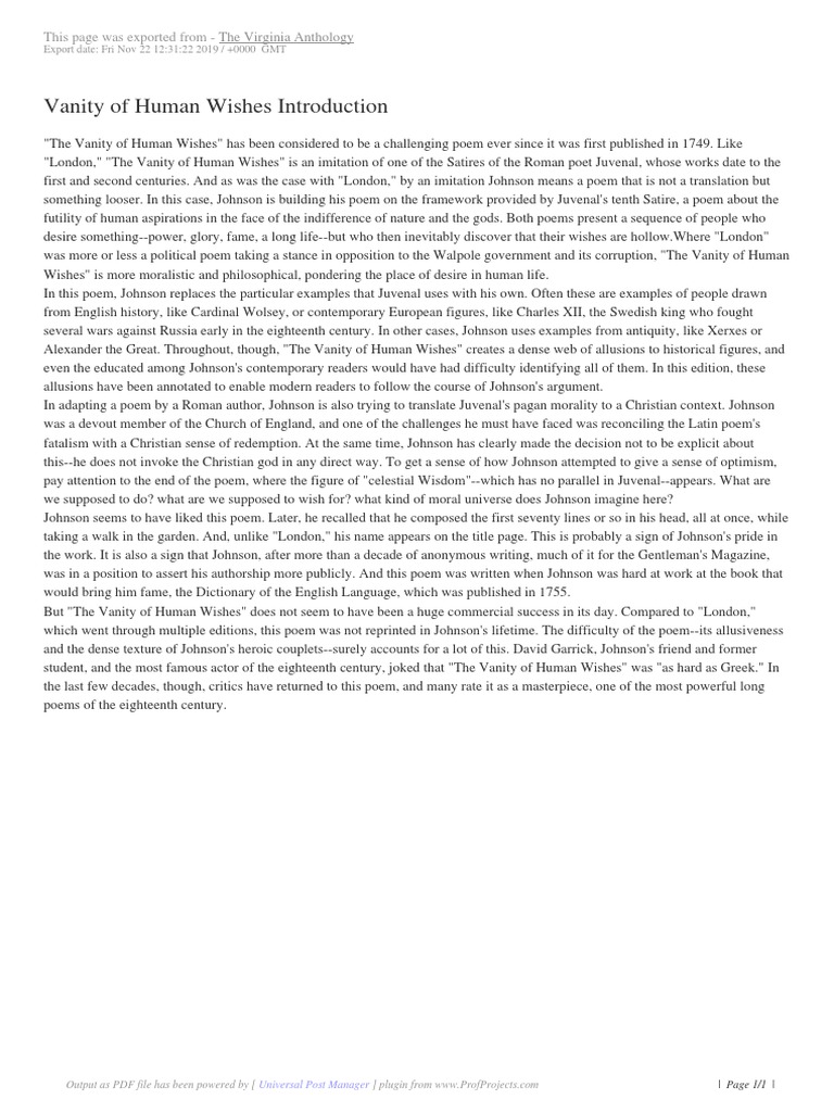 Vanity of Human Wishes Introduction | PDF