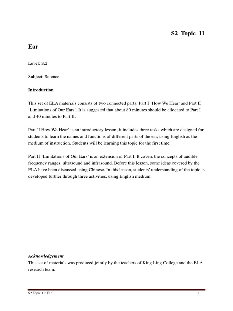 s2 Topic 11 Ear | PDF | Hearing | Ear