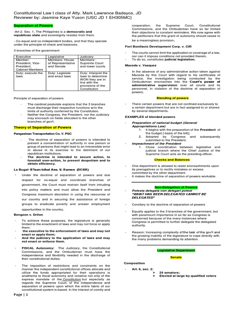 Constitutional Law 1 Legilative Department | PDF | Separation Of Powers ...