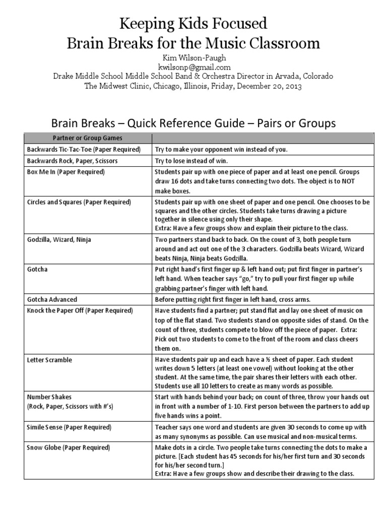 Keeping Kids Focused Brain Breaks For The Music Classroom: Brain Breaks - Quick Reference Guide ...