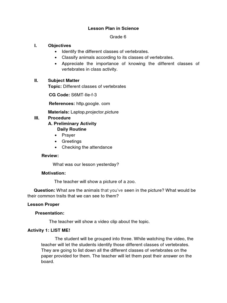 Lesson Plan Science 4 Vertebrates | PDF | Amphibian | Fish