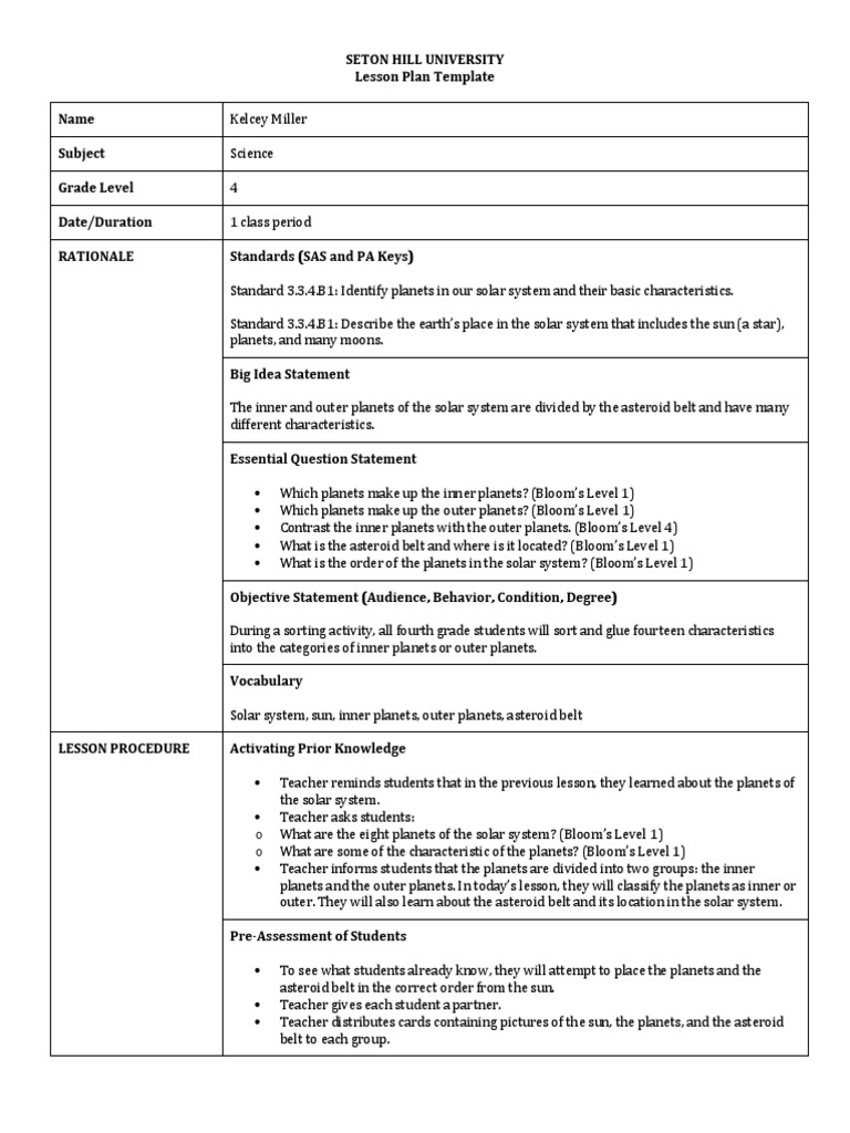 Inner and Outer Planets Lesson Plan | PDF | Solar System | Planets