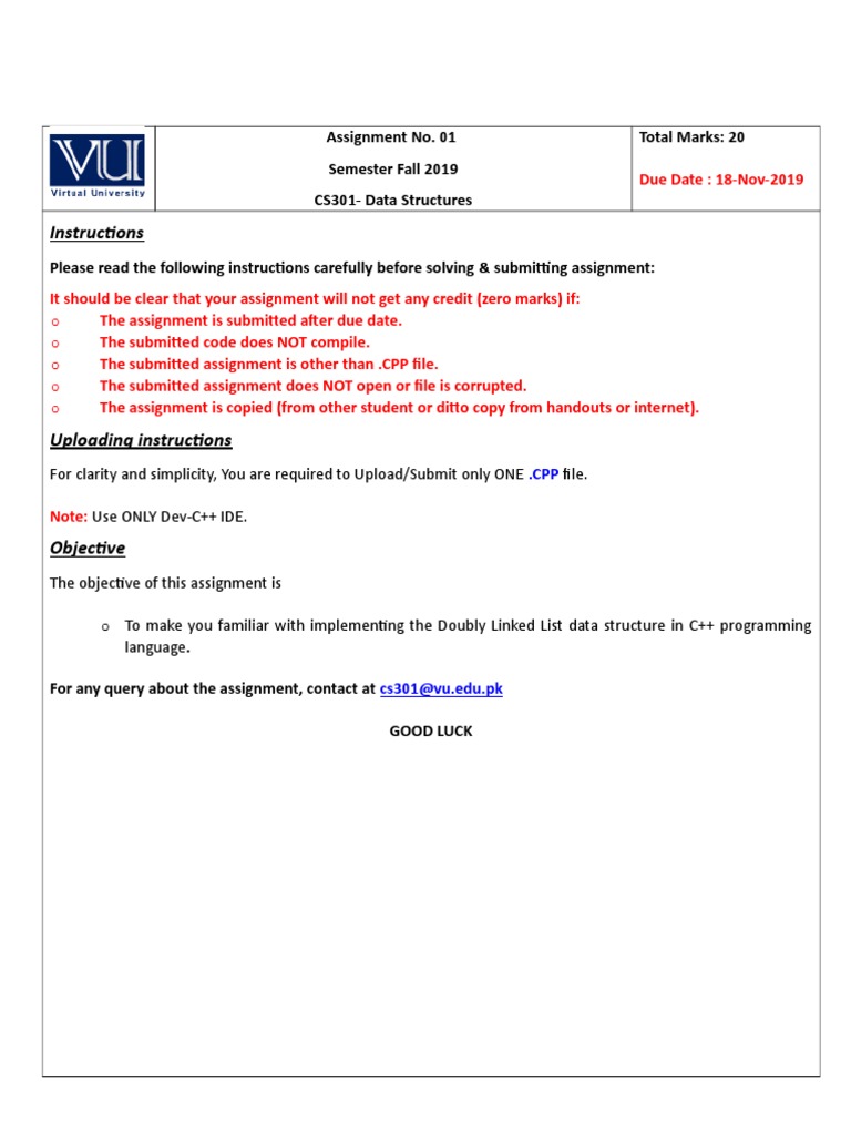 Instructions: Assignment No. 01 Semester Fall 2019 CS301-Data Structures Total Marks: 20 | PDF ...