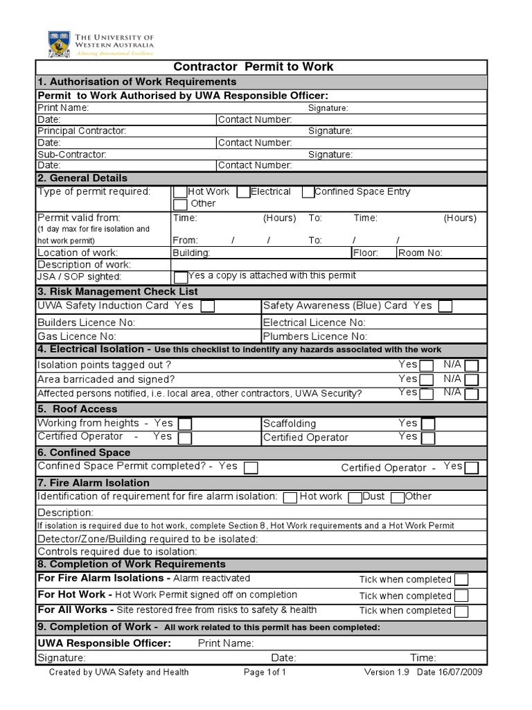 Contractor Permit To Work | PDF | Prevention | Safety