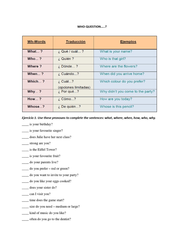 Who-Question ..?: Ejercicio 1. Use These Pronouns To Complete The ...