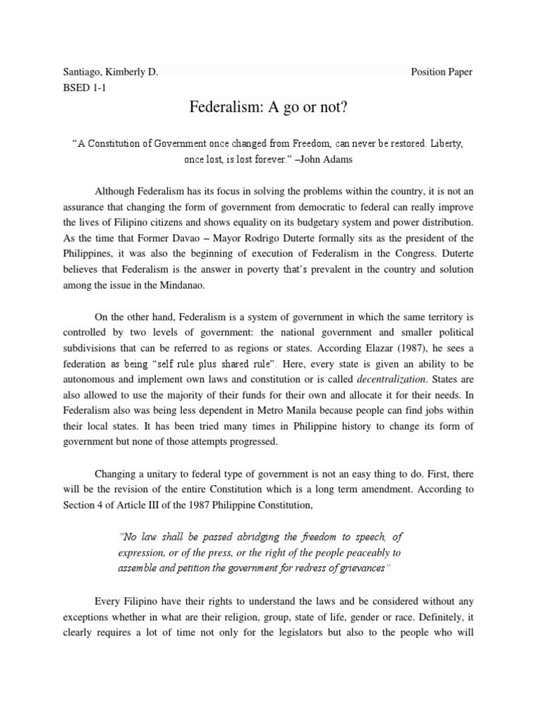 Position Paper | PDF | Federalism | Philippines