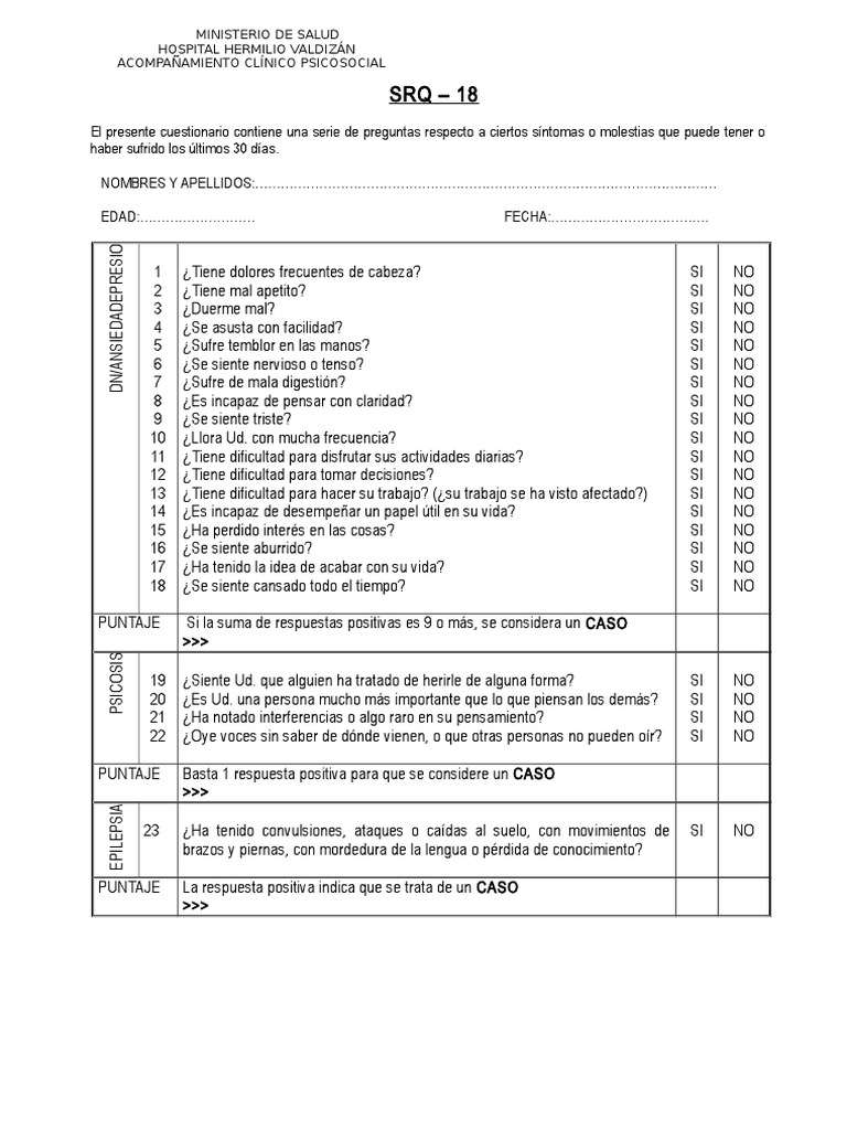 SRQ - 18 (12) Minsa | PDF | Trastorno mental | Cuestionario