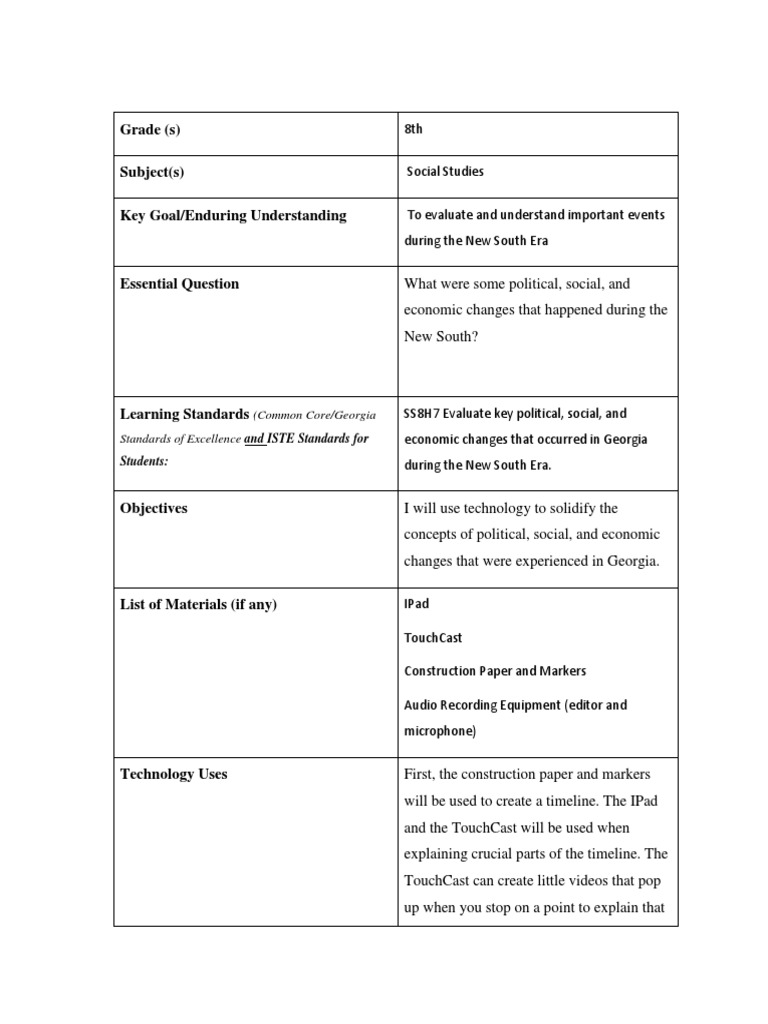 Grade (S) : (Common Core/Georgia Standards of Excellence and ISTE ...