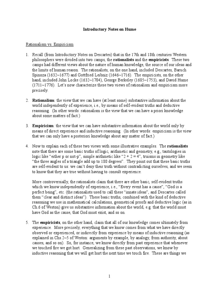 Hume - Introductory Notes | PDF | Rationalism | A Priori And A Posteriori