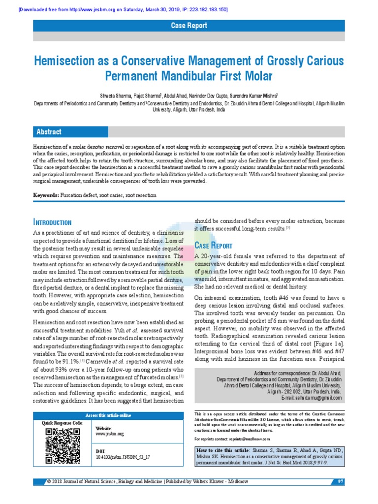 Hemisection As A Conservative Management of Grossly Carious Permanent ...
