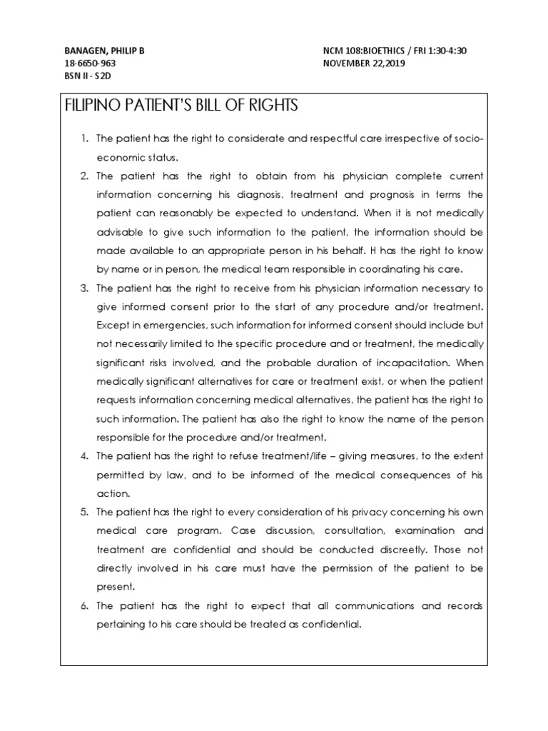 Filipino Patient'S Bill of Rights: Banagen, Philip B | Download Free ...