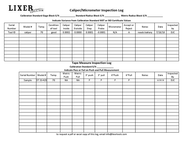 Tool Inspection Log For Customers 01 10 19 With 3 Inch | PDF