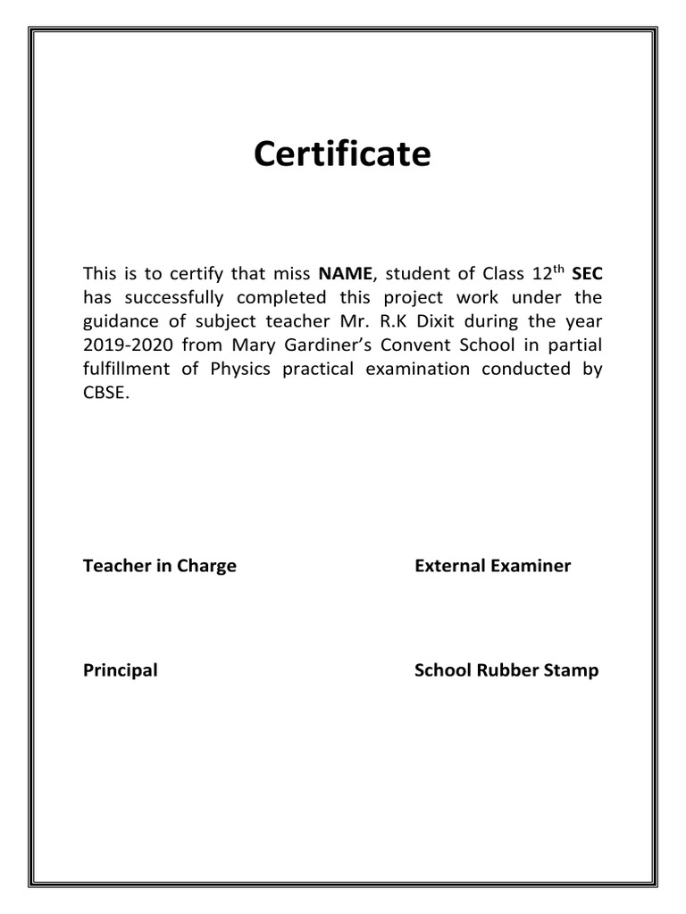 Certificate: Teacher in Charge External Examiner | PDF