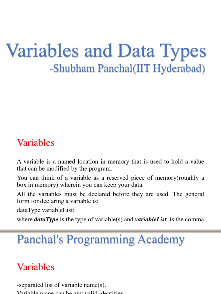 Variables and Data Types: - Shubham Panchal (IIT Hyderabad) | Download Free PDF | Data Type ...