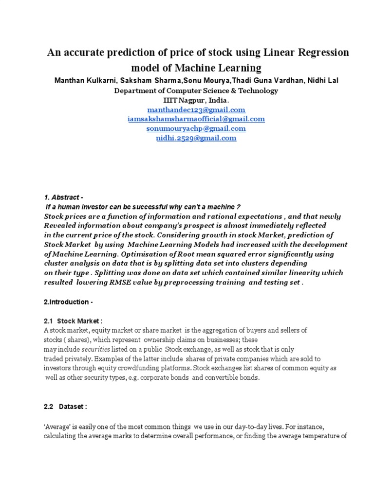 An Accurate Prediction of Price of Stock Using Linear Regression Model ...