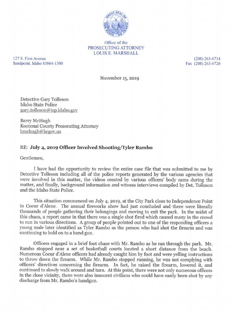 Letter From Louis Marshall Re Officer Involved Shooting