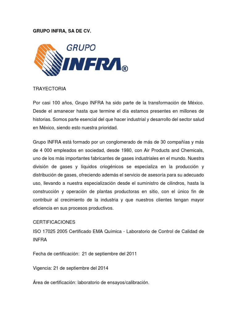 Grupo Infra: Trayectoria y Certificaciones | PDF | Calidad (comercial ...