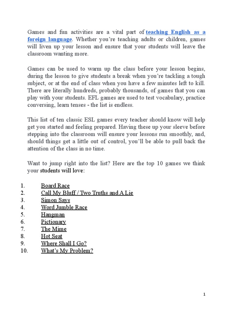 Games and Fun Activities Are A Vital Part of Teaching English As A ...