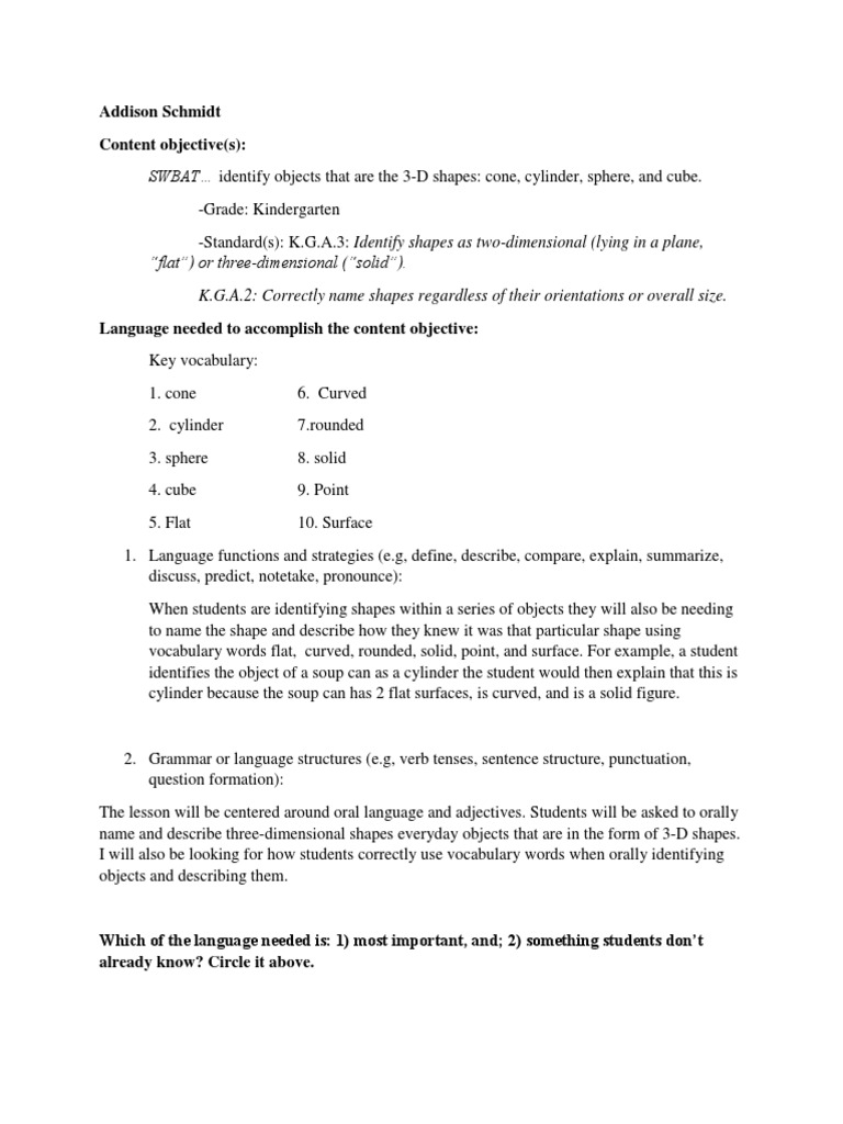 Language Objectives For Content Lessons Worksheet 1 | PDF | Shape | Sphere