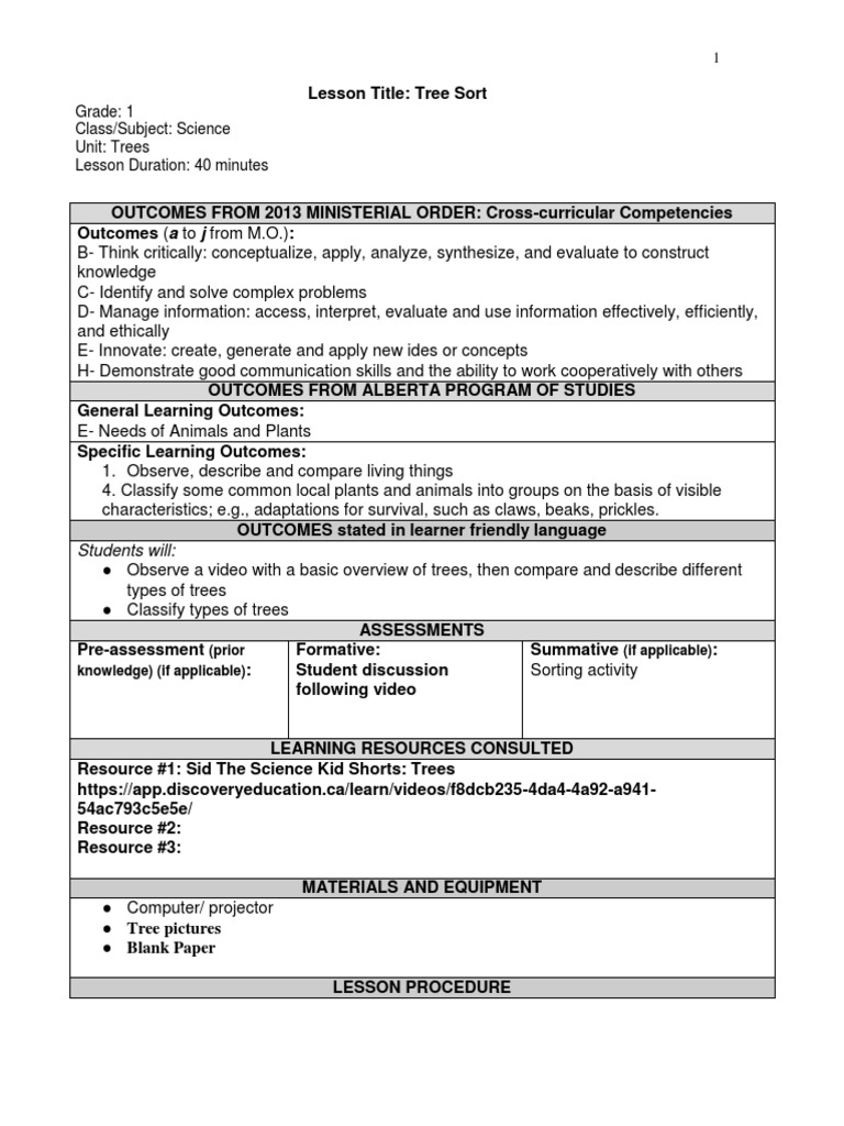 Tree Sorting Lesson Plan | PDF | Communication | Cognition