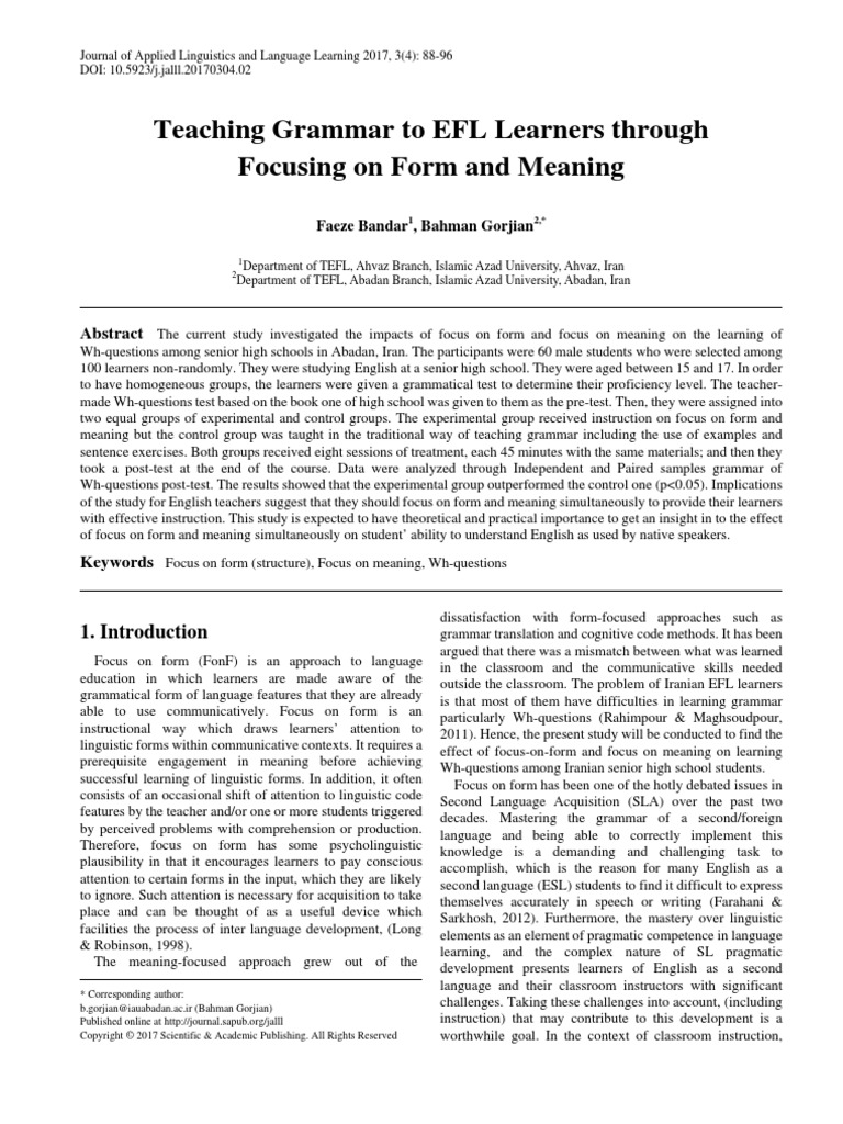 Teaching Grammar To EFL Learners Through Focusing On Form And Meaning
