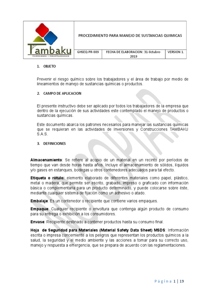 Procedimiento Manejo Seguro de Sustancias Quimicas | PDF | Oxígeno | Toxicidad