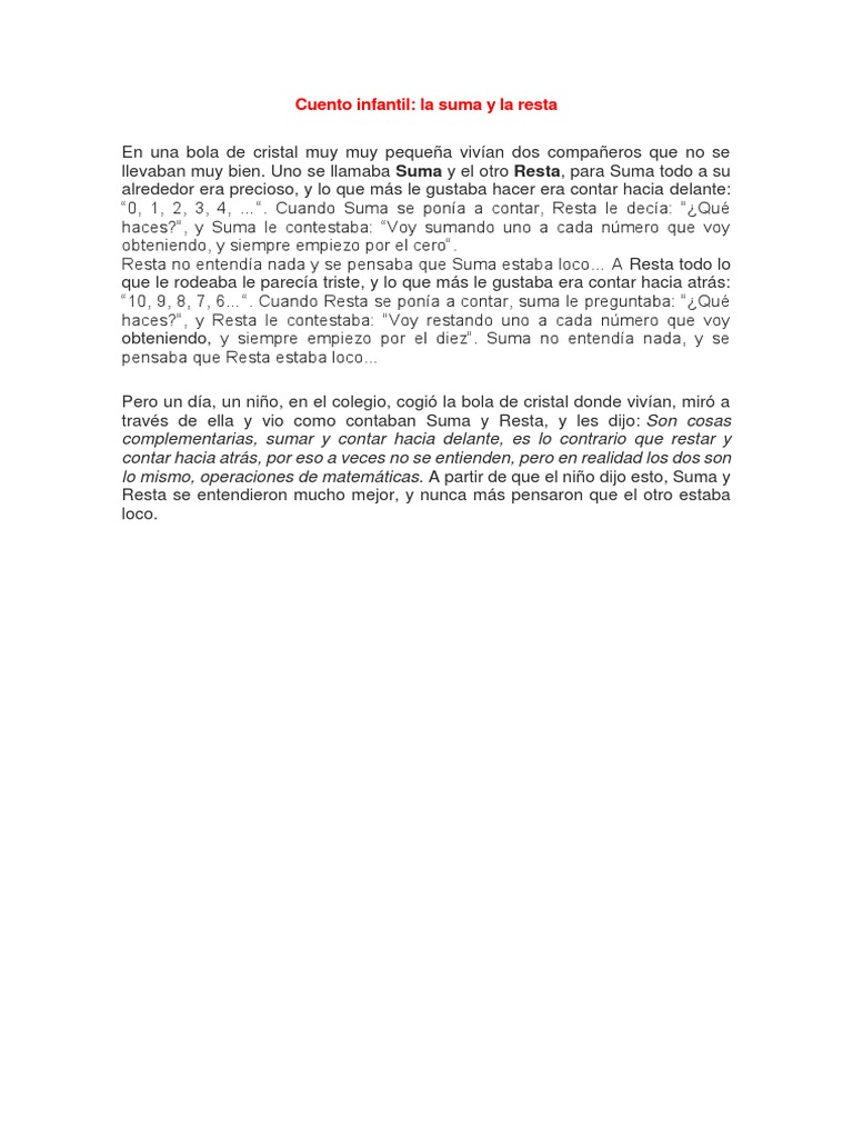 Cuento infantil sobre suma y resta | PDF
