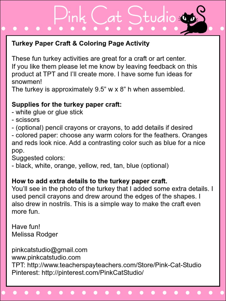 Thanksgiving Crafts Thanksgiving Turkey Papercraft and Coloring Page | PDF