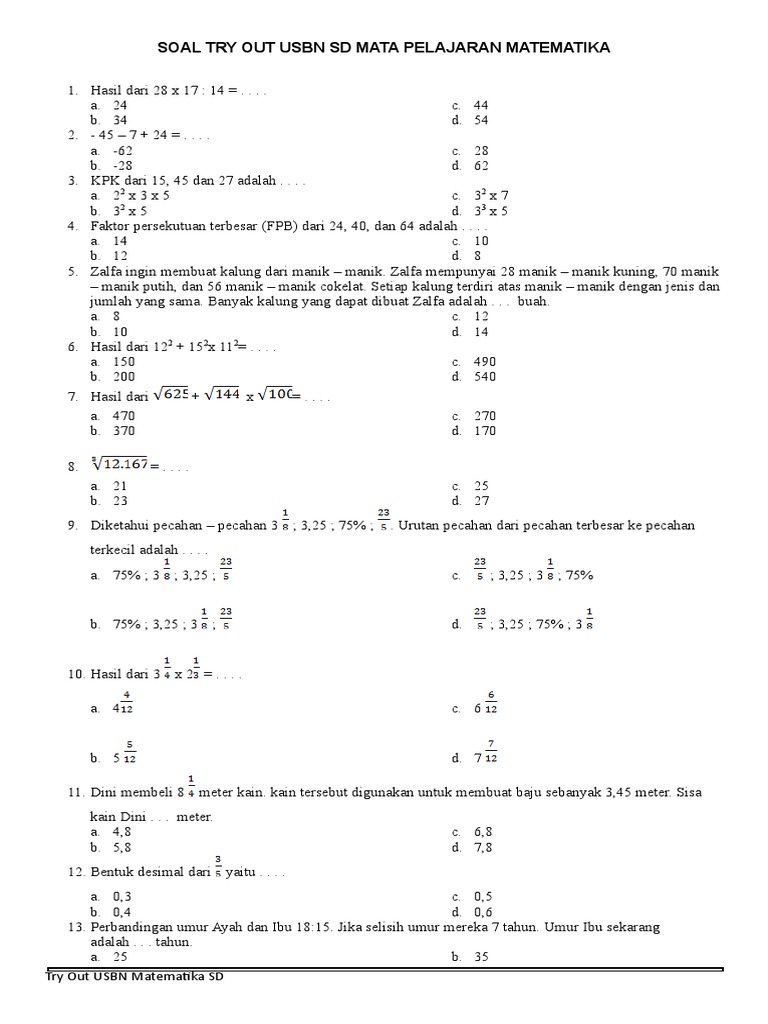 Soal Try Out Matematika SD | PDF