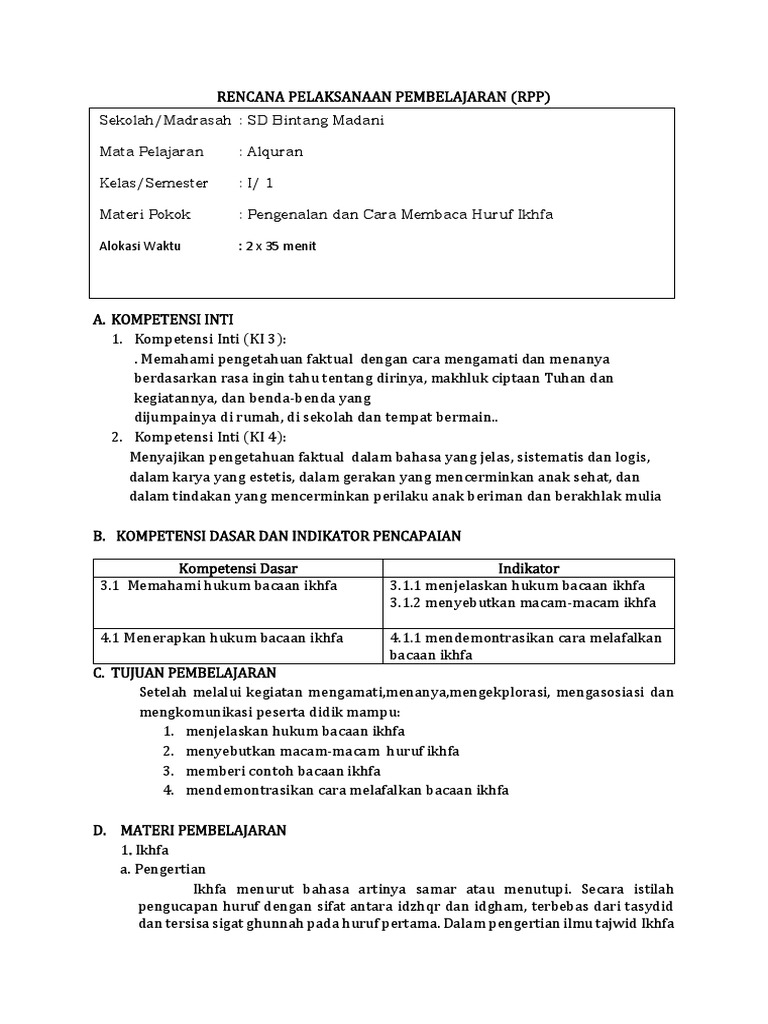 RPP Pembelajaran Hukum Bacaan Ikhfa | PDF