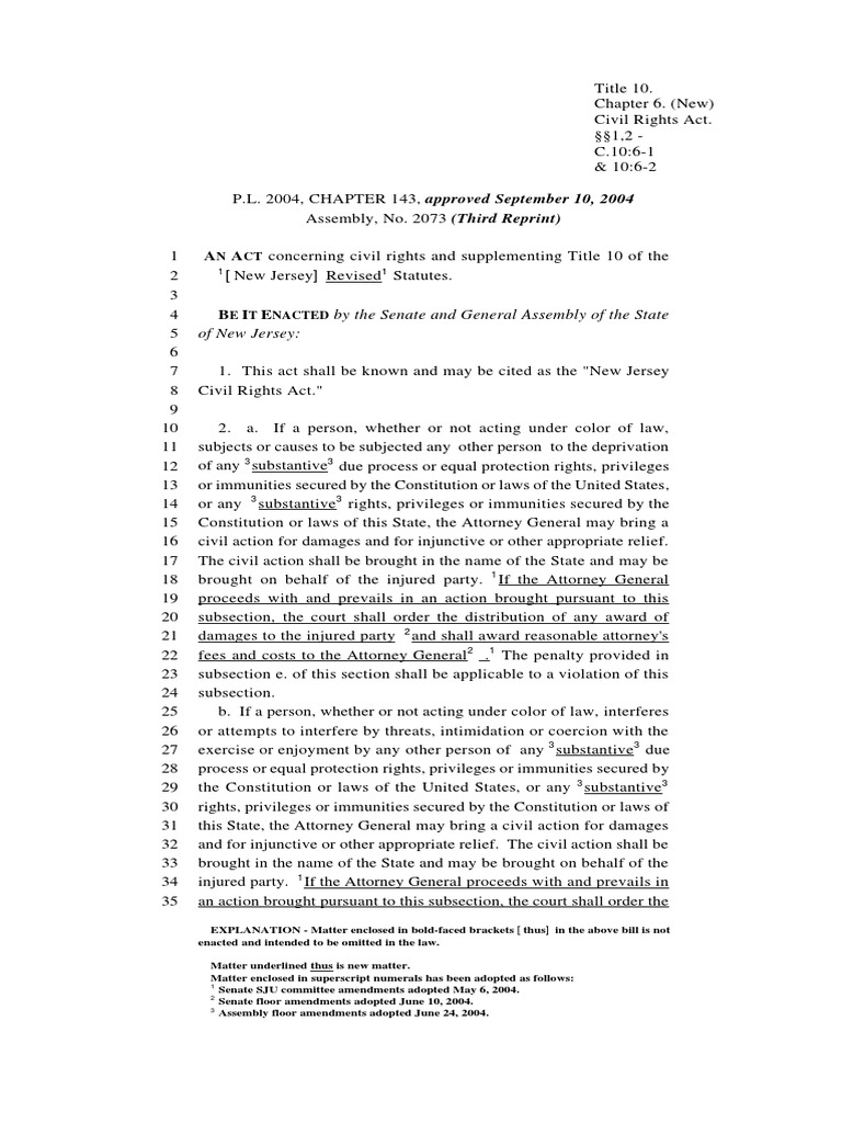 New Jersey Civil Rights Act - NJ Rev Stat 10:6-2 | PDF | Sovereign ...