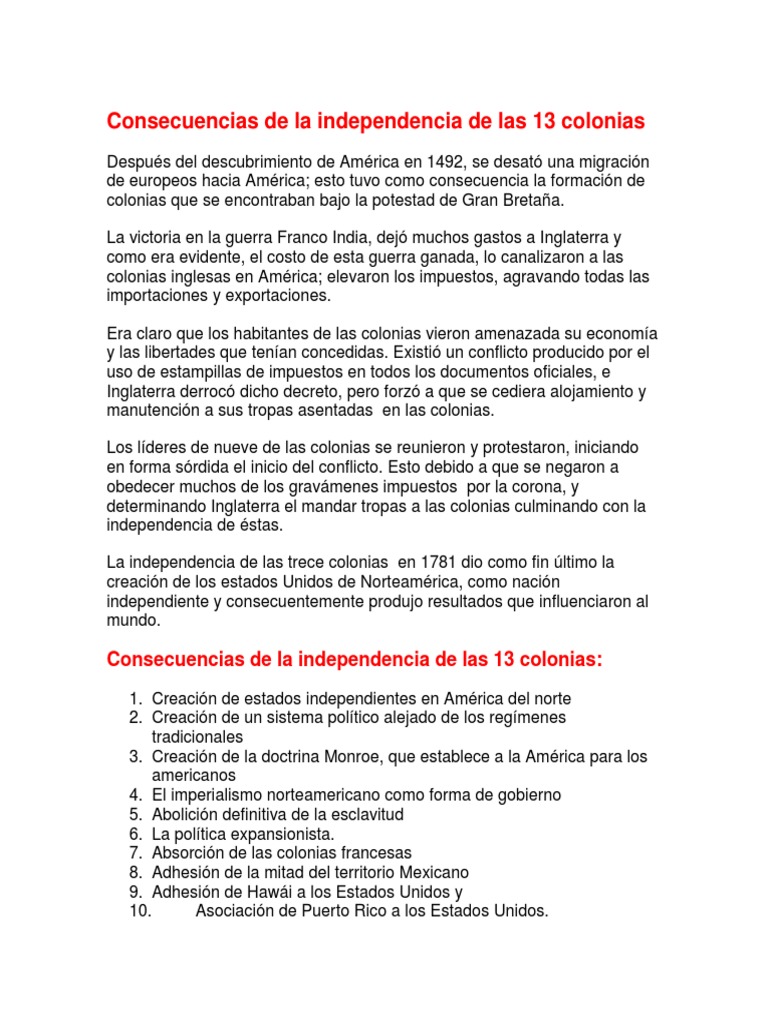 Independencia de Las 13 Colonias | Trece colonias | Los Estados Unidos