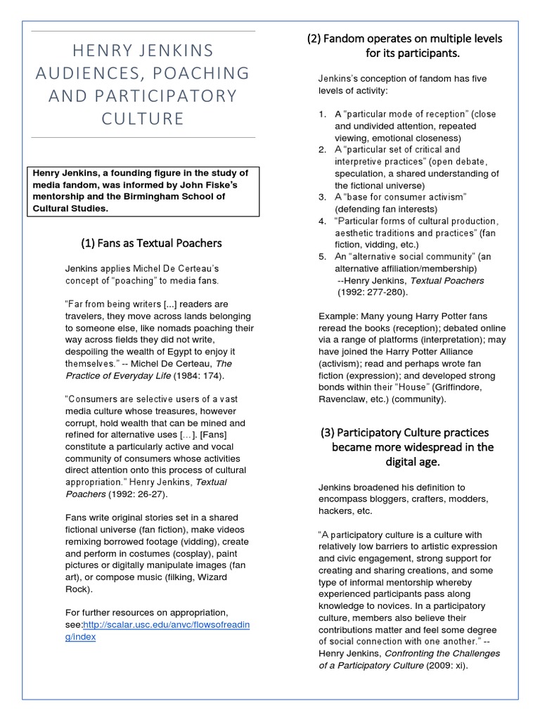 Henry Jenkins AUDIENCES, POACHING AND PARTICIPATORY CULTURE Resumen | PDF