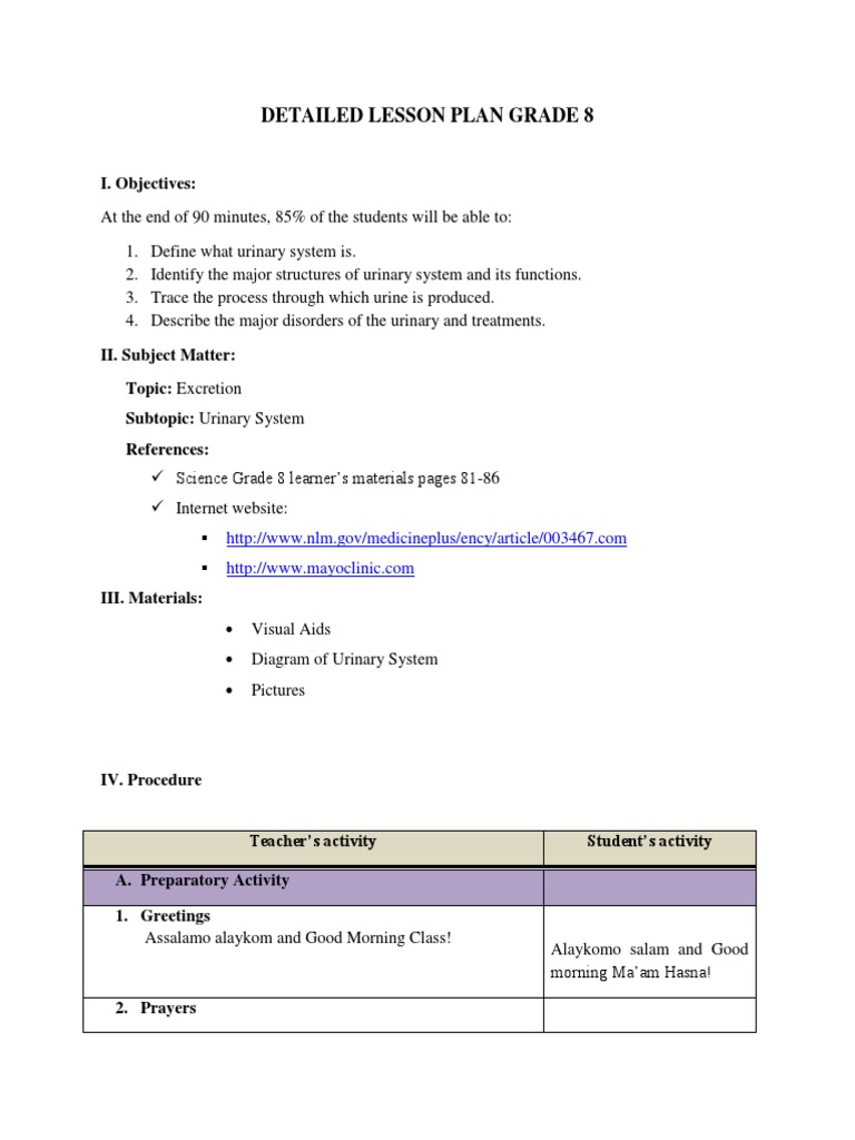 Detailed Lesson Plan Grade 8: I. Objectives | PDF | Kidney | Urine
