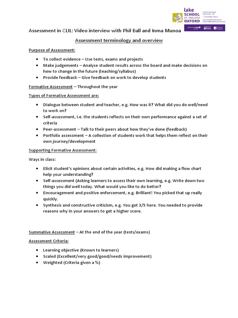 Assessment in CLIL Handout | PDF | Educational Assessment | Education ...