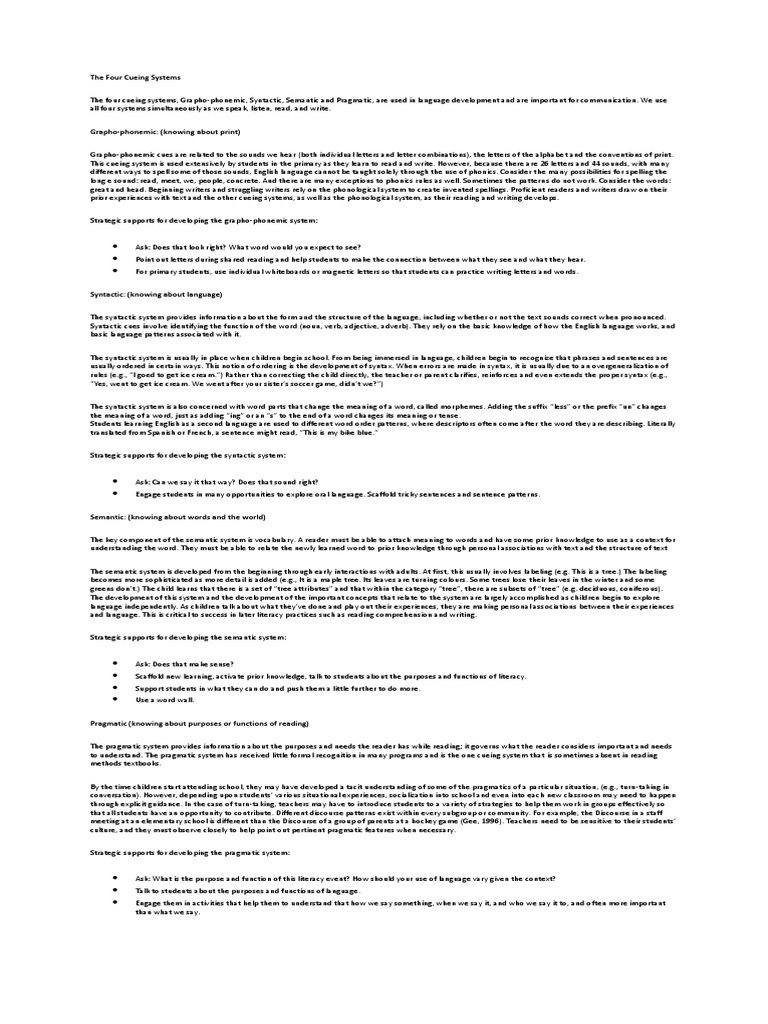 The Four Cueing Systems | PDF | Word | Linguistics