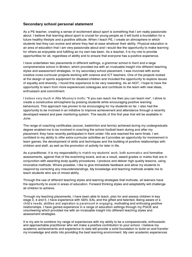 Secondary School Personal Statement | PDF | Physical Education | Teachers